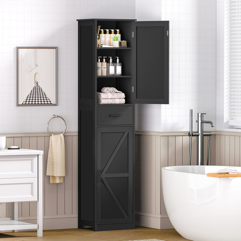 Tall Bathroom Cabinet with 4 Shelves 2 Doors 1 Drawer Black